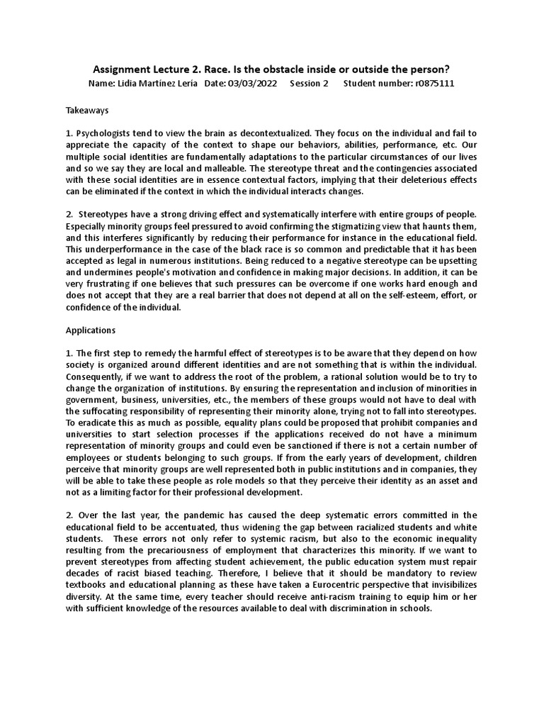 Assignment Lecture 2 | PDF | Stereotypes | Minority Group