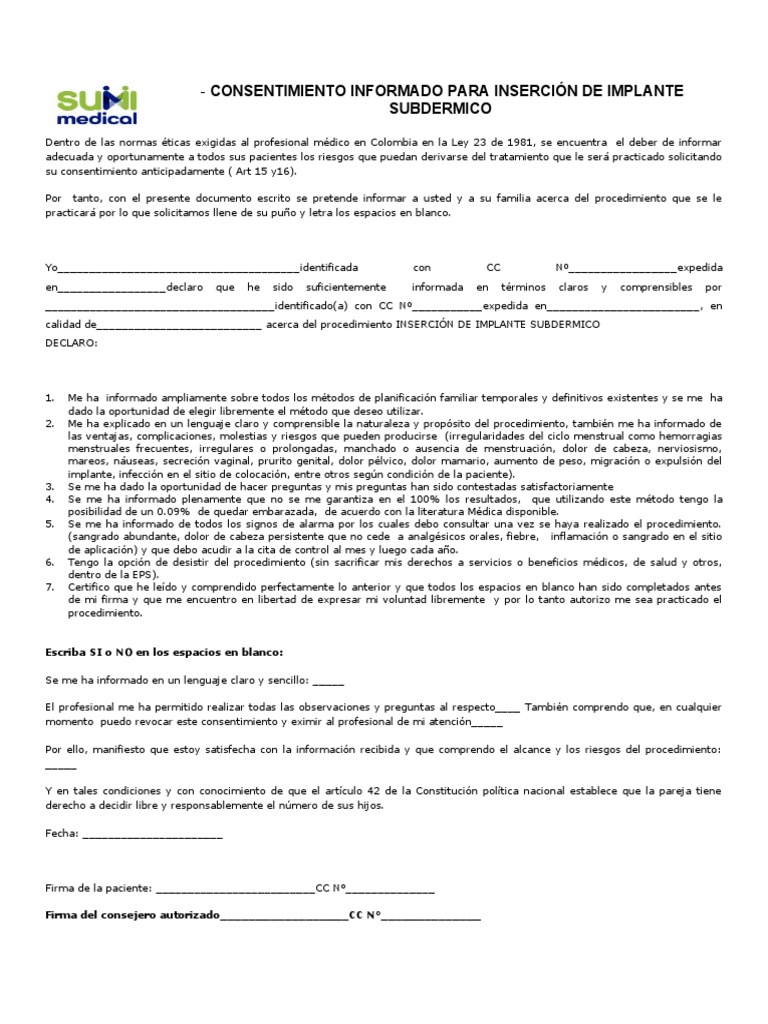Consentimiento Informado para Inserción y Extraccion de Implante ...