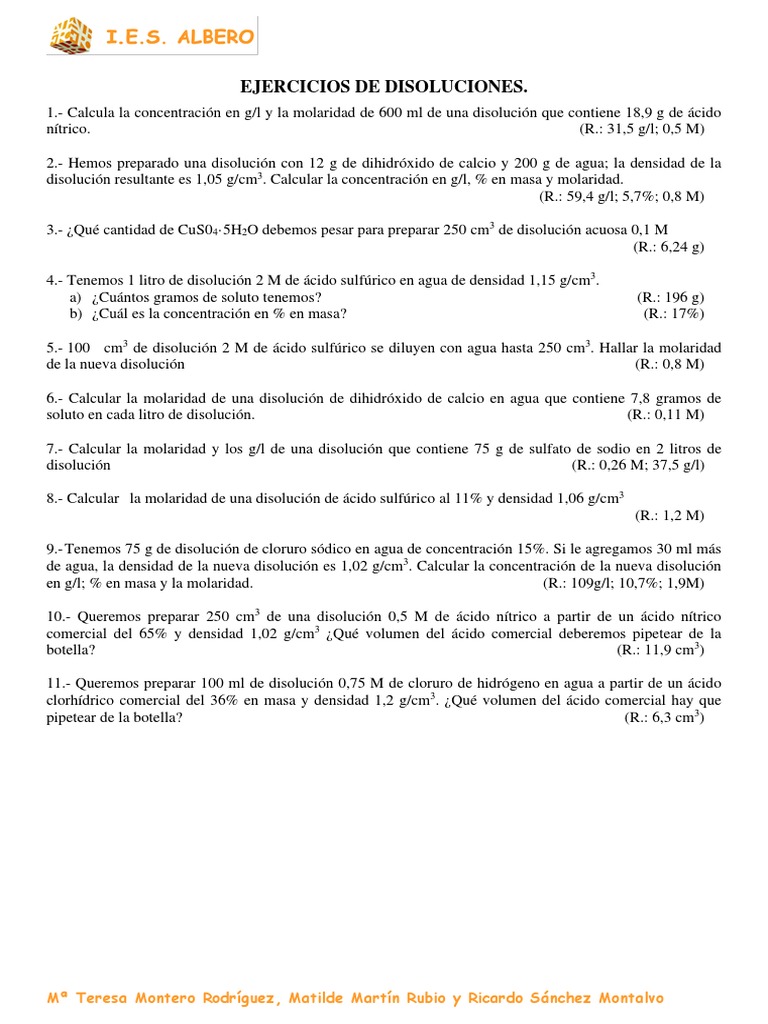 Ejercicios de Disoluciones | PDF | Concentración | Sustancias químicas