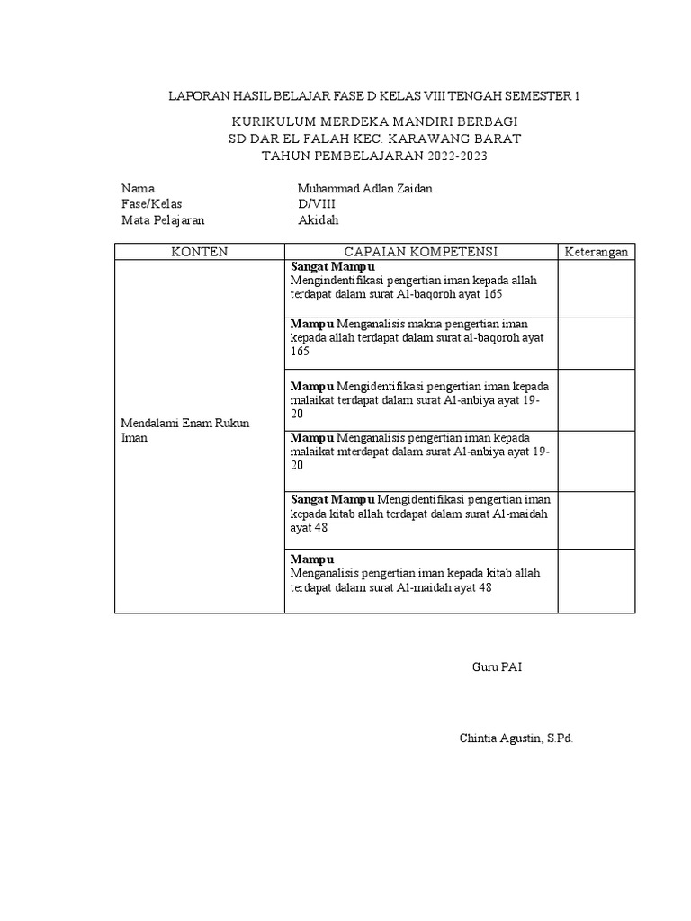 Lapot Akidah Dan Ski Kelas 8 | PDF