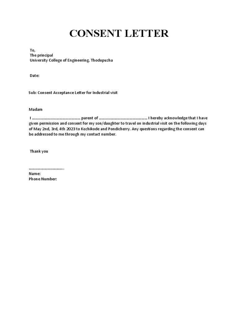 Consent Letter for Industrial Visit | PDF