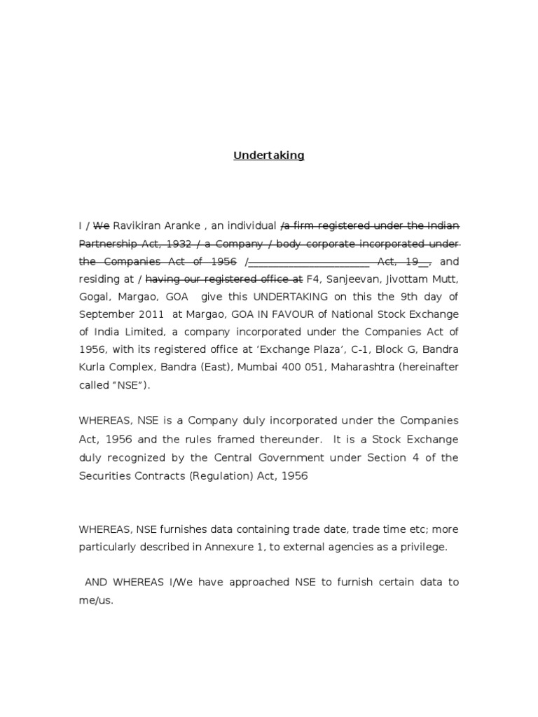 NSE Data Access Undertaking Agreement | PDF | Indemnity | Common Law