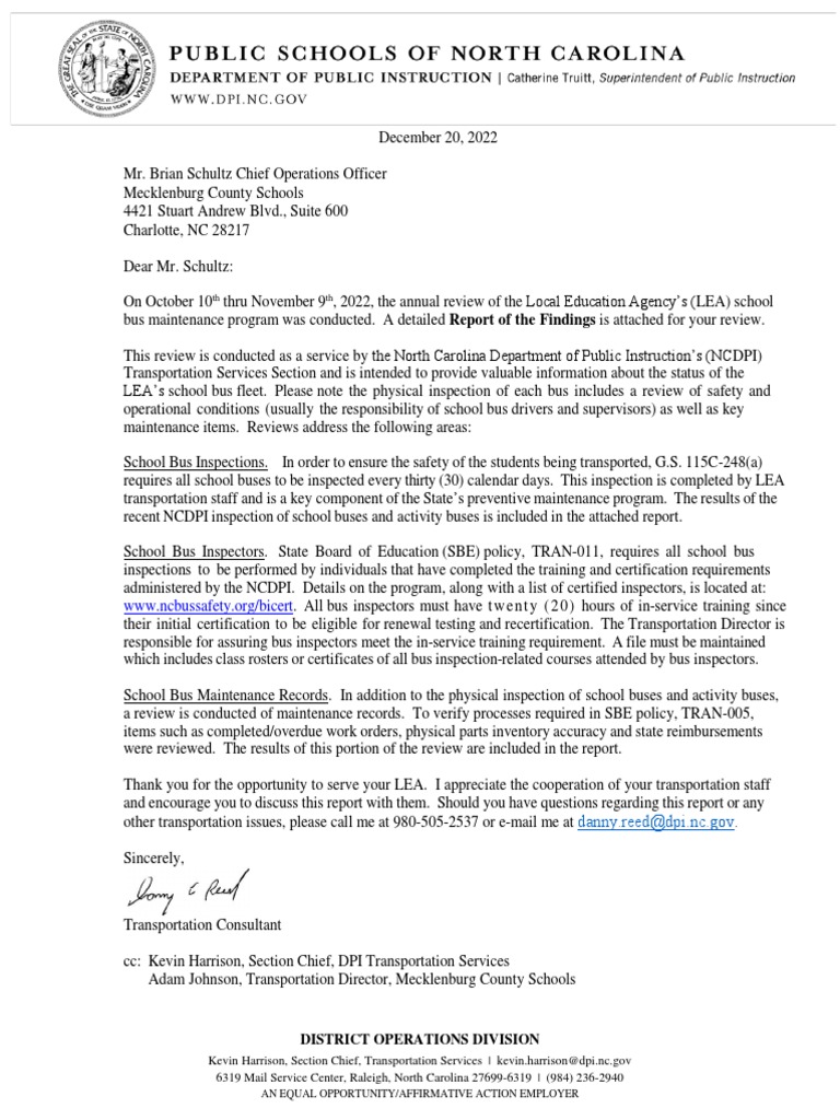 Charlotte-Mecklenburg Schools bus inspection letter | PDF | Bus ...