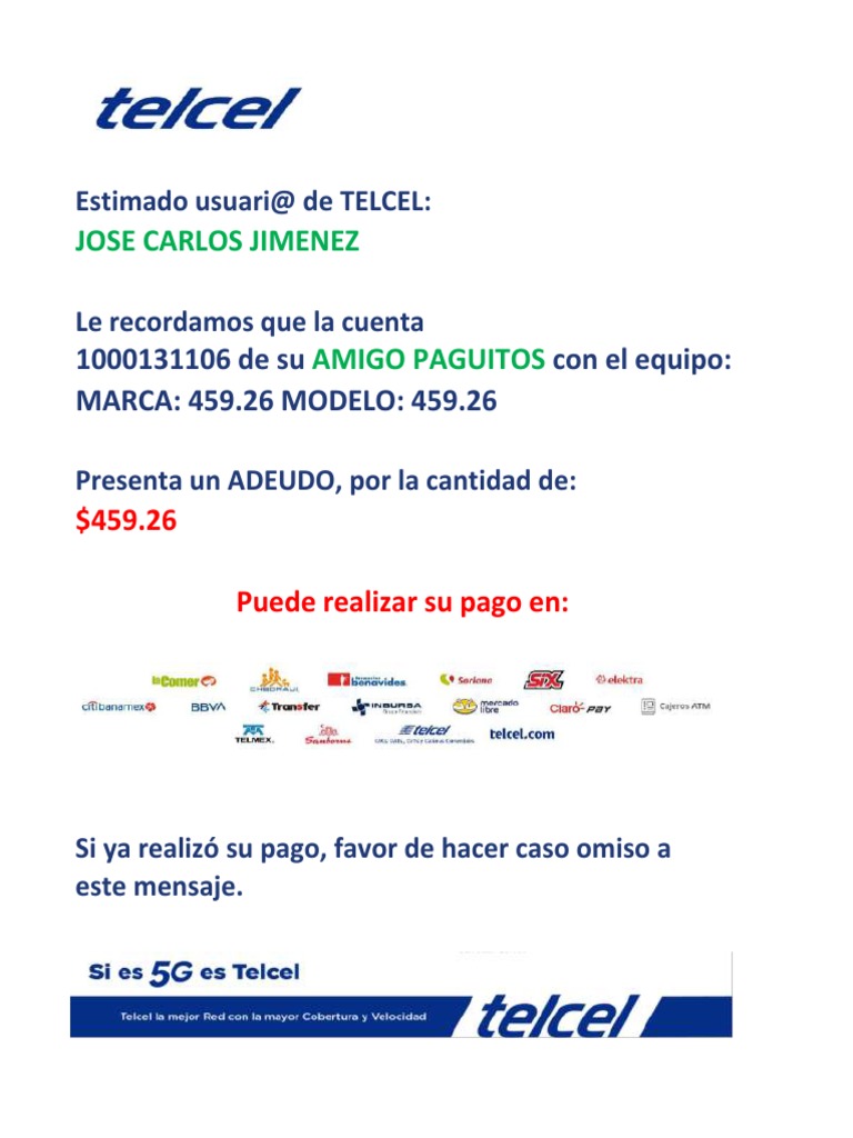 Aviso de adeudo en cuenta TELCEL | PDF