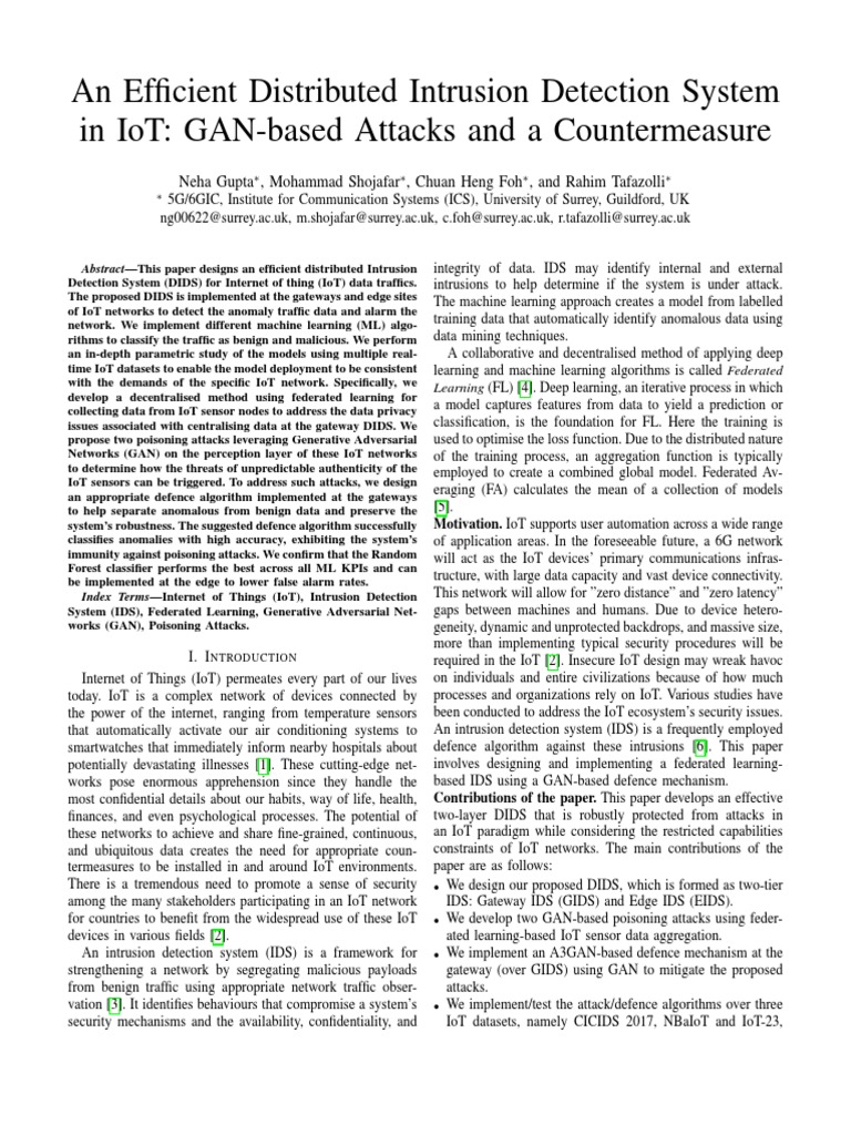 An Efficient Distributed Intrusion Detection System in IoT: GAN-based Attacks and A ...