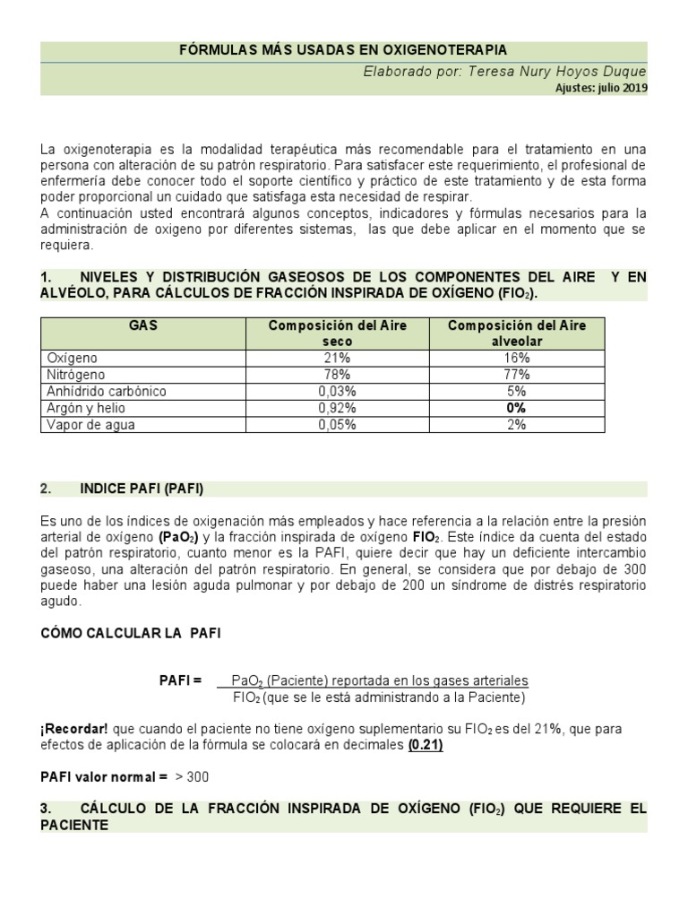 Fórmulas Usadas en Oxigenoterapia | PDF | Oxígeno | Sistema respiratorio