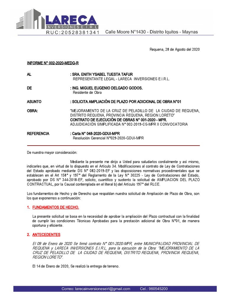 Informe #002 - 2020 - Solicita Ampliación de Plazo Por Adicional de Obra | PDF | Justicia ...