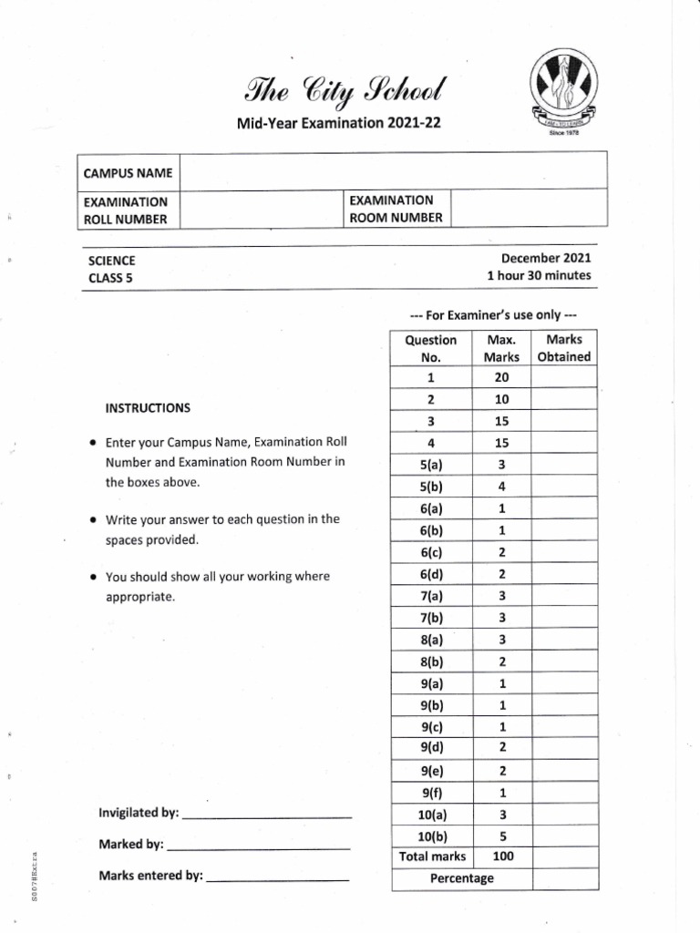 Class 5 Science Mid-Year Exam 2021 | PDF | Heart | Ear