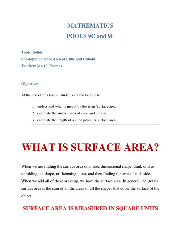 Surface Area of Cube and Cuboid | PDF | Area | Surface Area