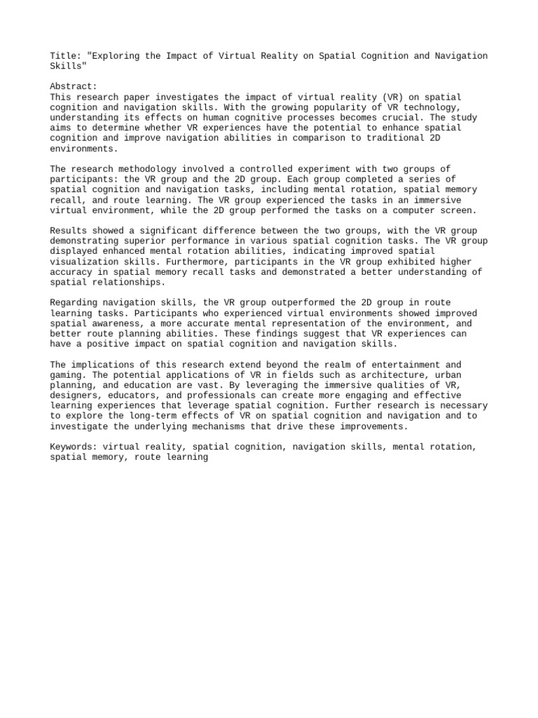 Exploring The Impact Of Virtual Reality On Spatial Cognition And Navigation Skills Pdf
