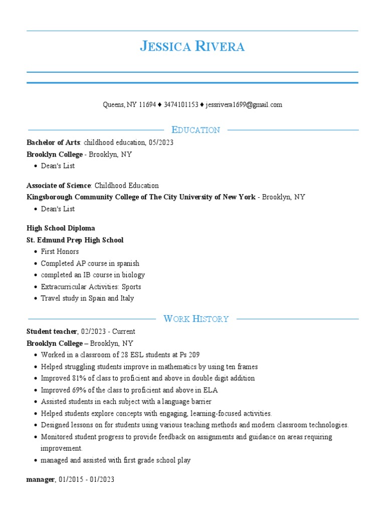 Jessica Rivera Resume 1 | PDF | Child Care | English As A Second Or Foreign Language
