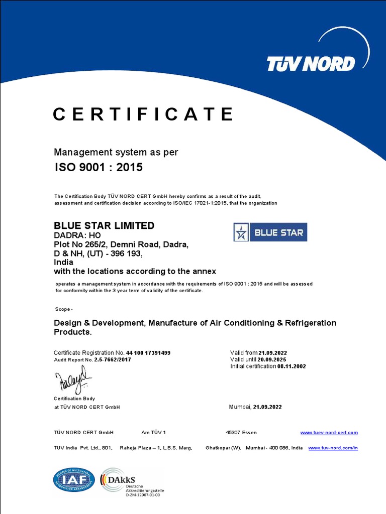 Iso Blue Star 9001 2015 Certificate 4410017391499 | PDF