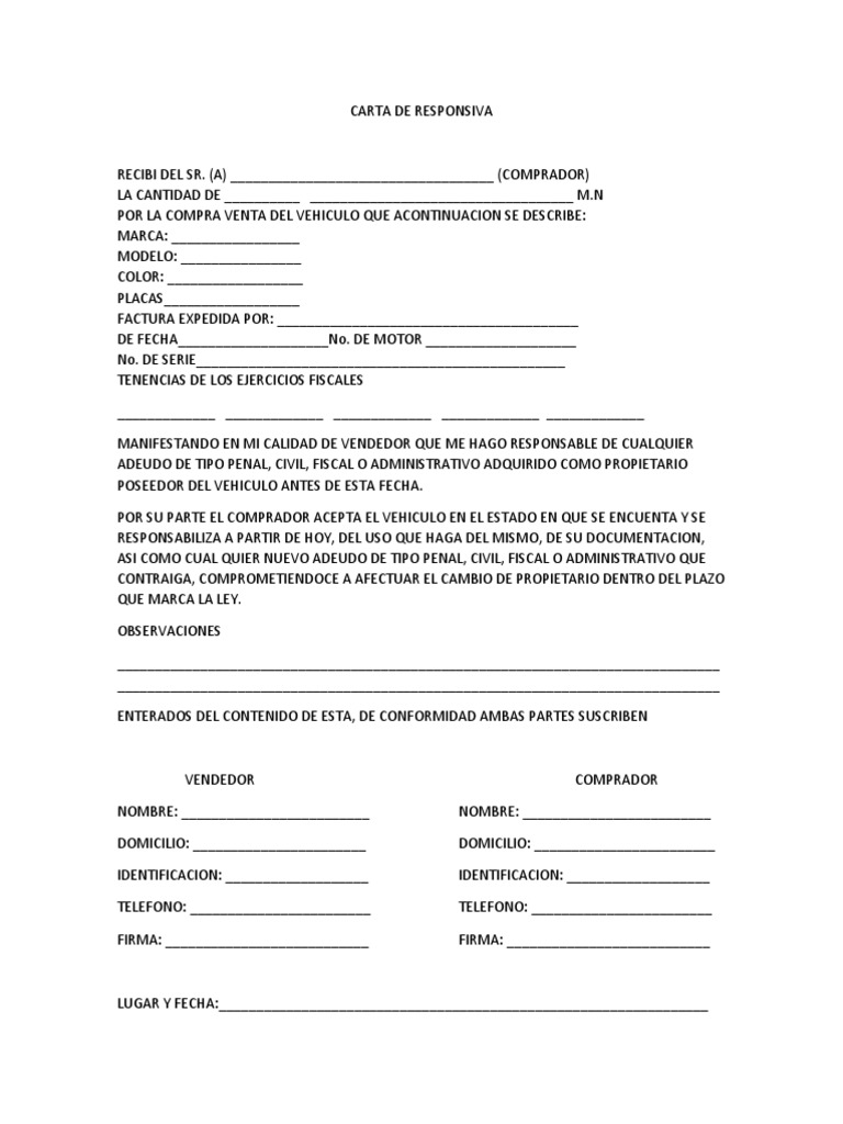 Carta de Responsiva para Venta de Vehículo | PDF