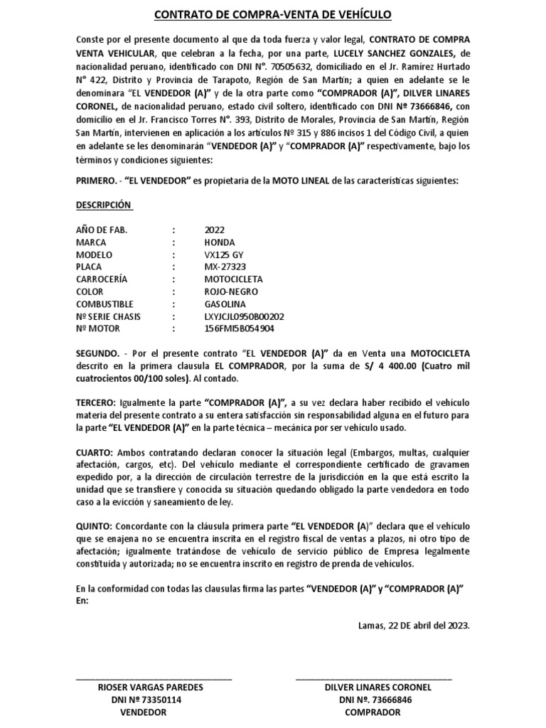 Contrato de Compra Venta (Vehiculo) | PDF | Vehículo de motor | Vehículos
