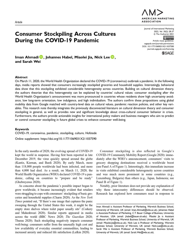 Ahmadi Et. Al (2022) - Consumer STockpiling Across Cultures During The ...