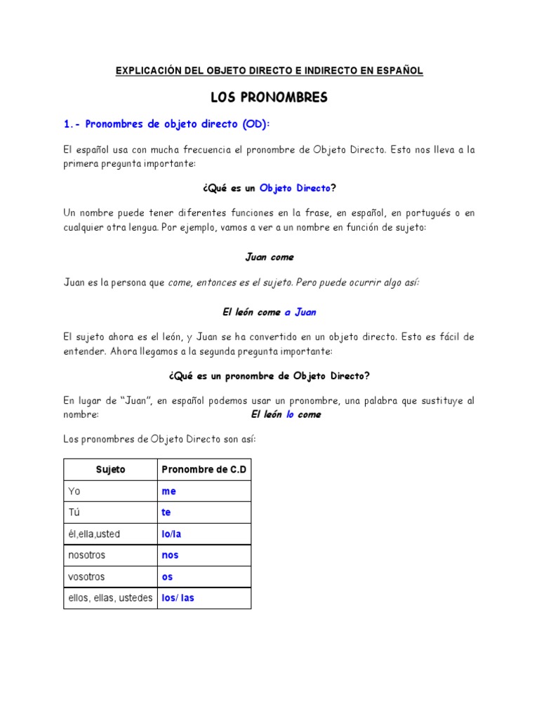 Los Pronombres: 1.-Pronombres de Objeto Directo (OD) | PDF | Objeto ...