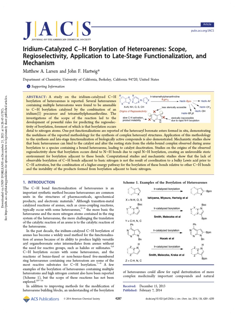 J Am Chem Soc 2014 136 11 4287 4299 Ir Borylation On Heterocycle Pdf Chemical