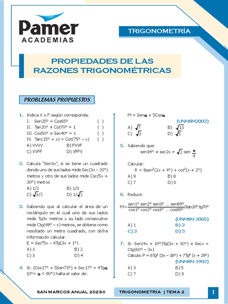 C - Sem2 - Trigonometría - Propiedades de Las Razones Trigonométricas | PDF