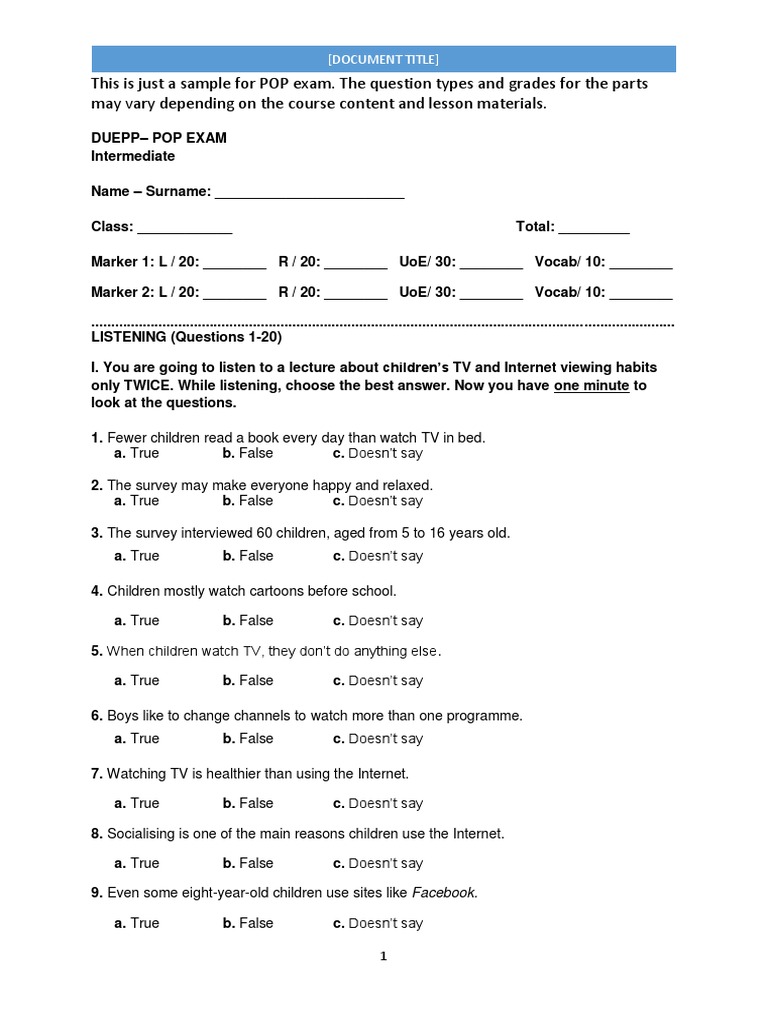 Intermediate Sample Pop Exam Paper 1 | PDF | Umami | Taste