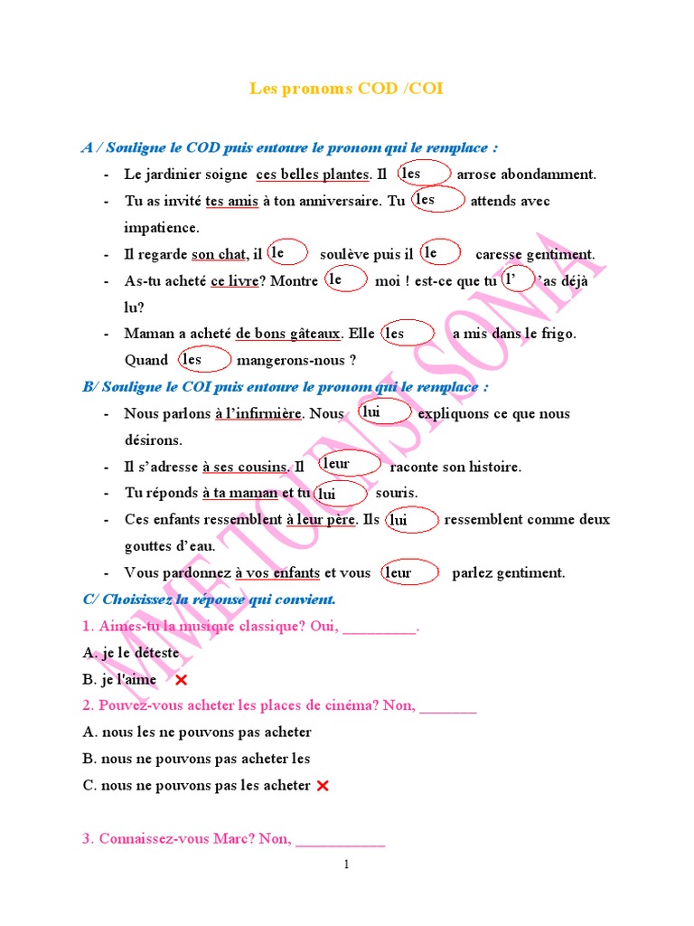 Exercices sur les pronoms COD et COI | PDF
