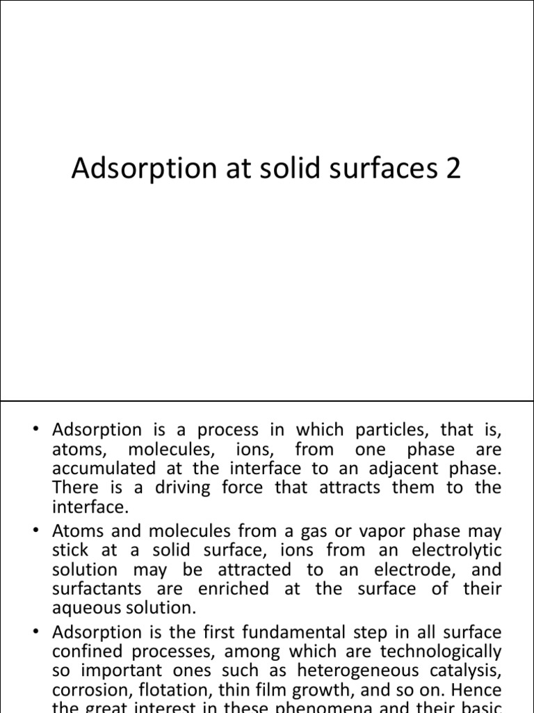 Adsorption at Solid Surfaces Explained | PDF | Adsorption | Gases