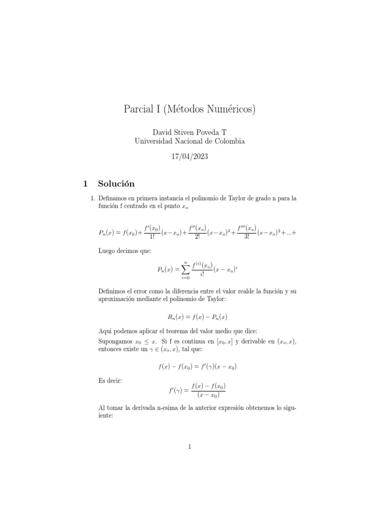Parcial - I (Metodos Numericos) | PDF | Análisis matemático | Matemáticas De La Computación