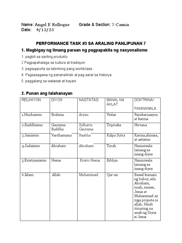 Performance Task #3 Araling Panilipunan 7 | PDF