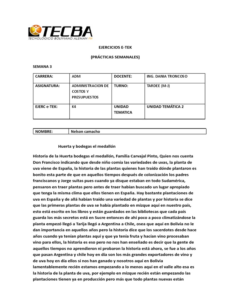 Ejercicios E-Tek 4 Sem3 Nelsonc | PDF | Vino | Uva