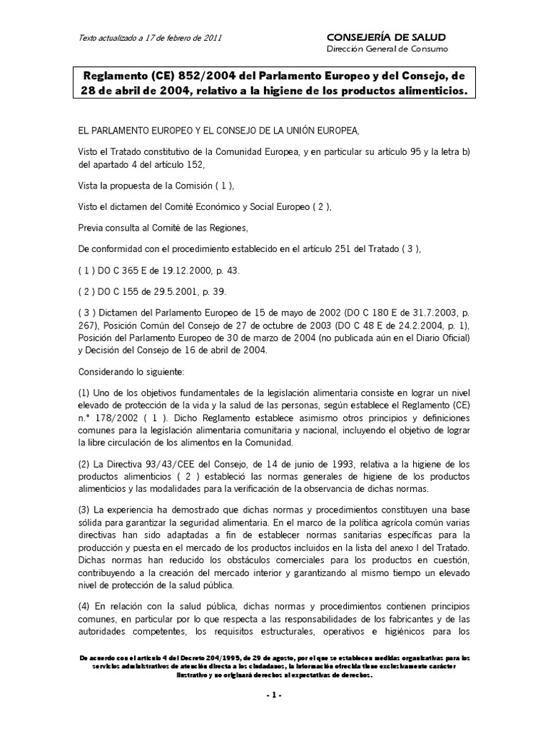 Reglamento 852-2004 Higiene Alimentos | PDF | Seguridad alimenticia | Análisis de Riesgo y ...
