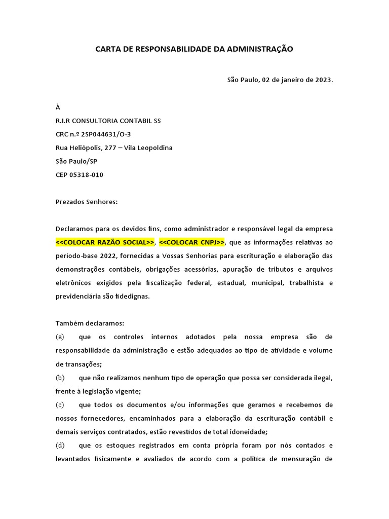 Carta de Responsabilidade 2023 | PDF