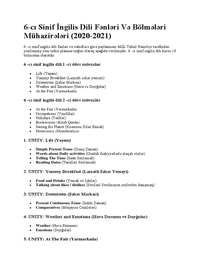 6 Ci Sinif Ingilis Dili Dərsləri | PDF