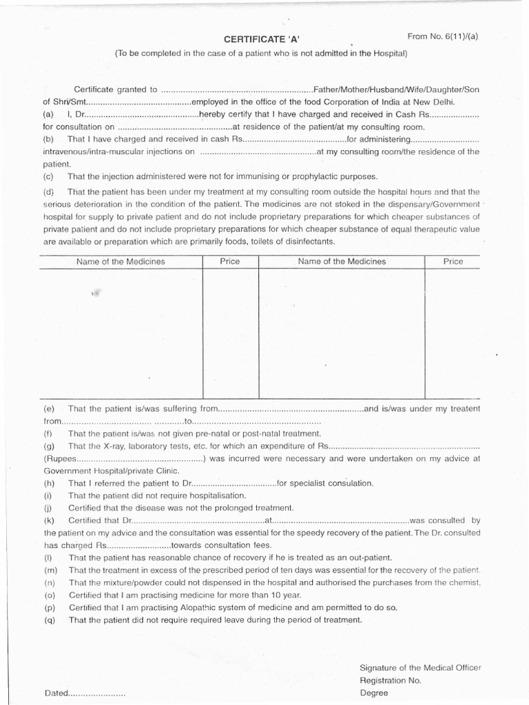 Certificate - A (For OPD Treatment) | PDF