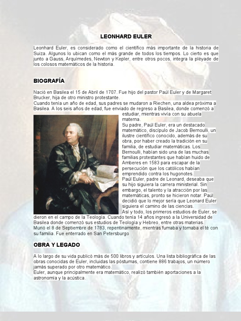 Euler: Genio Matemático Suizo | PDF | Leonhard Euler | Enseñanza de matemática
