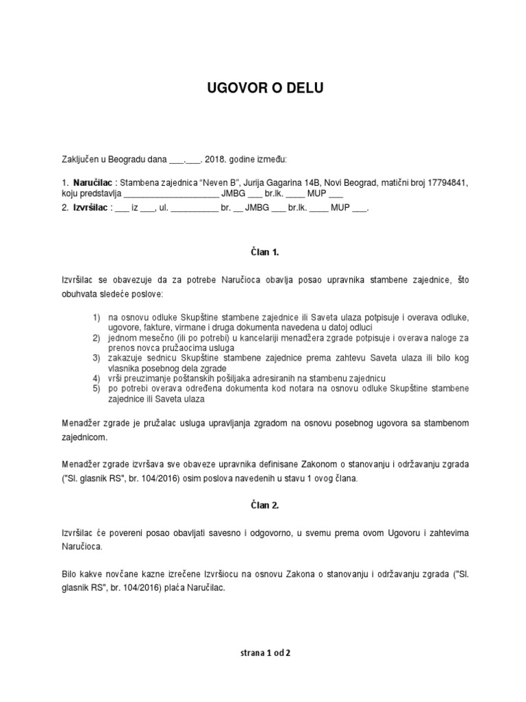 Ugovor o Delu Upravnik SZ | PDF