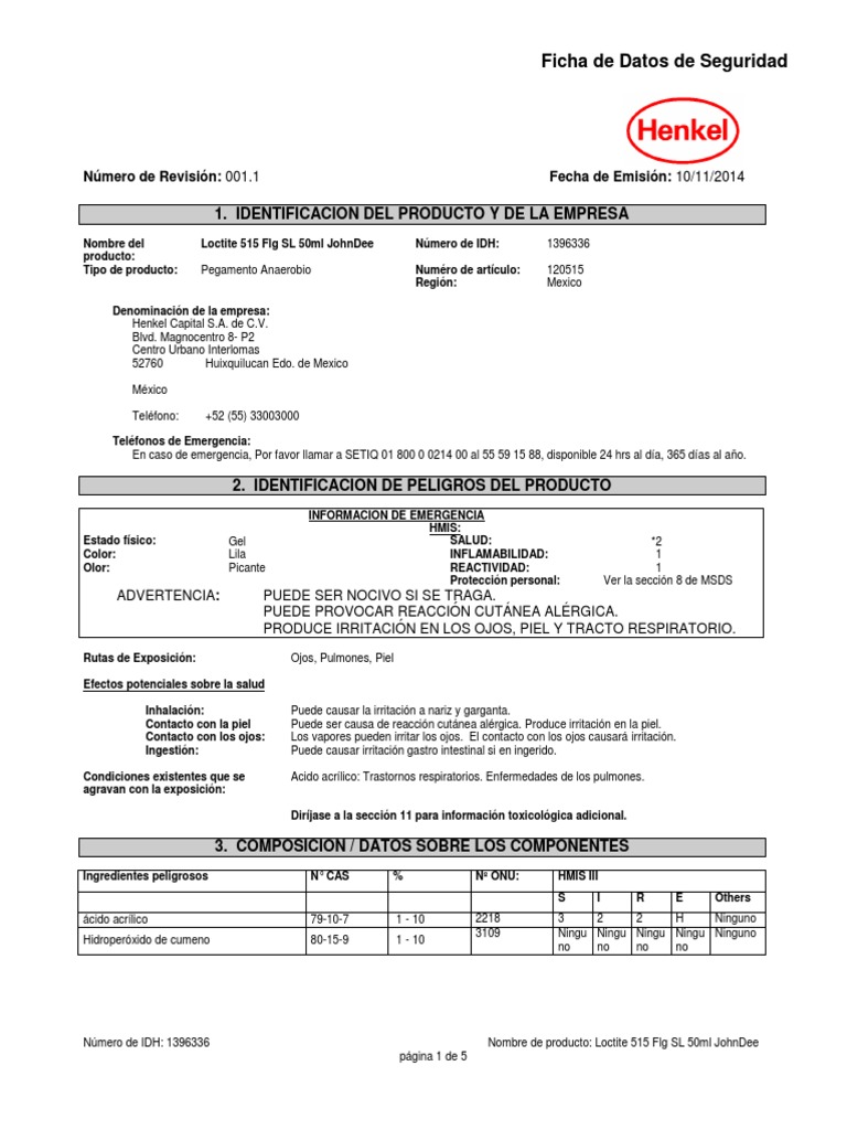MSDS LOCTITE 515 | PDF | Agua | Ventilación (Arquitectura)