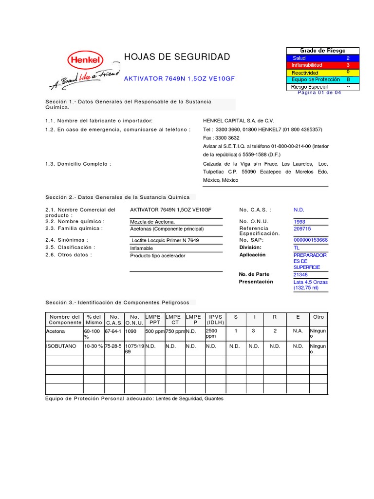 Hoja de Seguridad Loctite 7649 | PDF