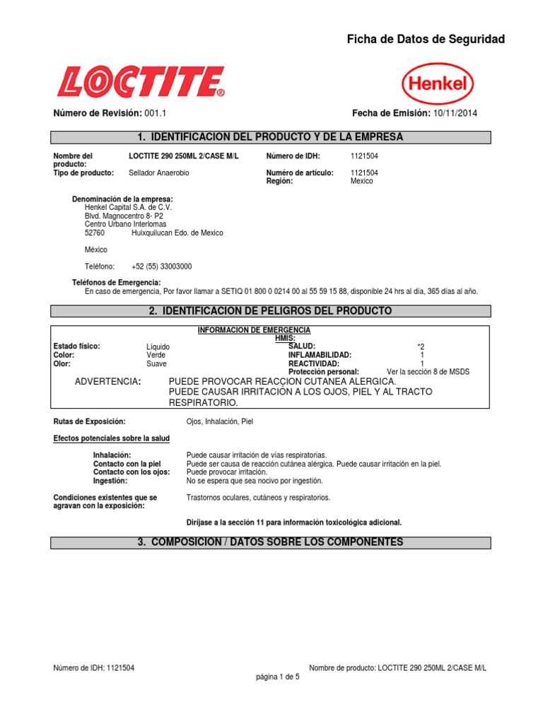 MSDS Loctite 290 | PDF | Combustión | Agua