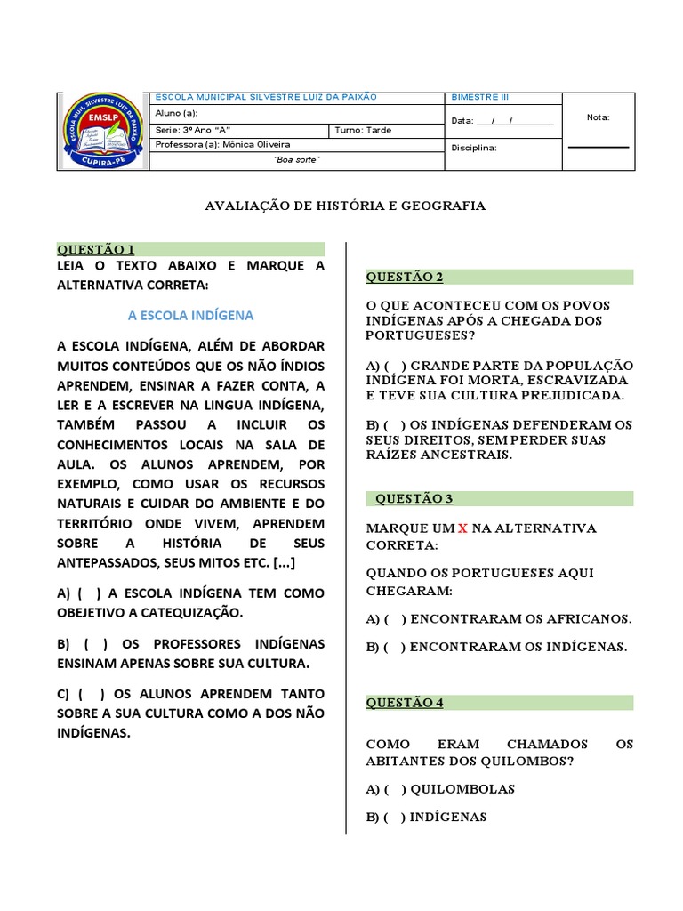 Avaliação de História e Geografia 3º Ano A Iii Unidade 2022 | PDF ...