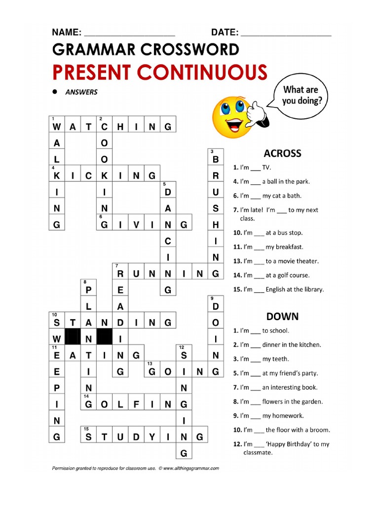Crossword Gaba Present Continuos English Grammar | PDF
