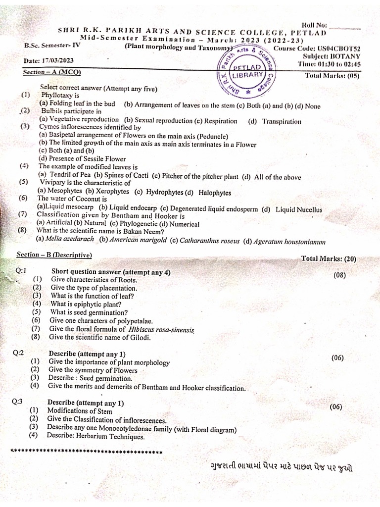 B.SC Sem 4 Botany 2023 | PDF