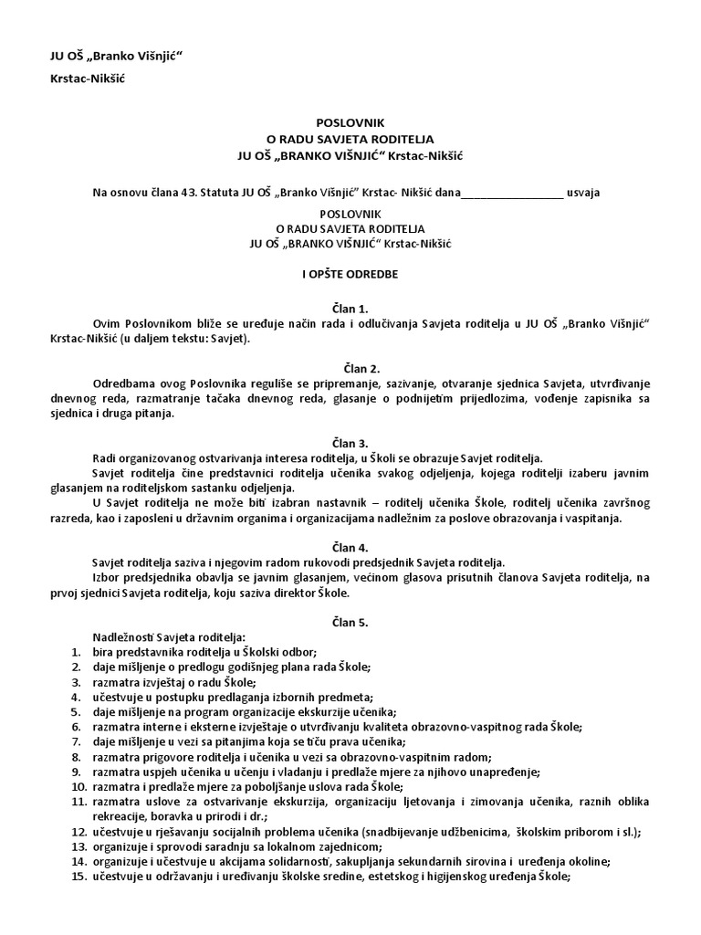 Poslovnik o Radu SavJeta Roditelja | PDF