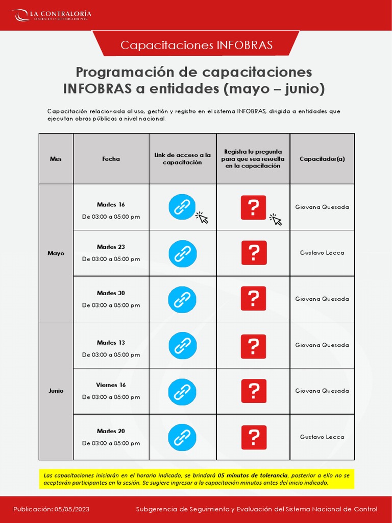 Programación de Capacitaciones INFOBRAS A Entidades (Mayo - Junio) | PDF