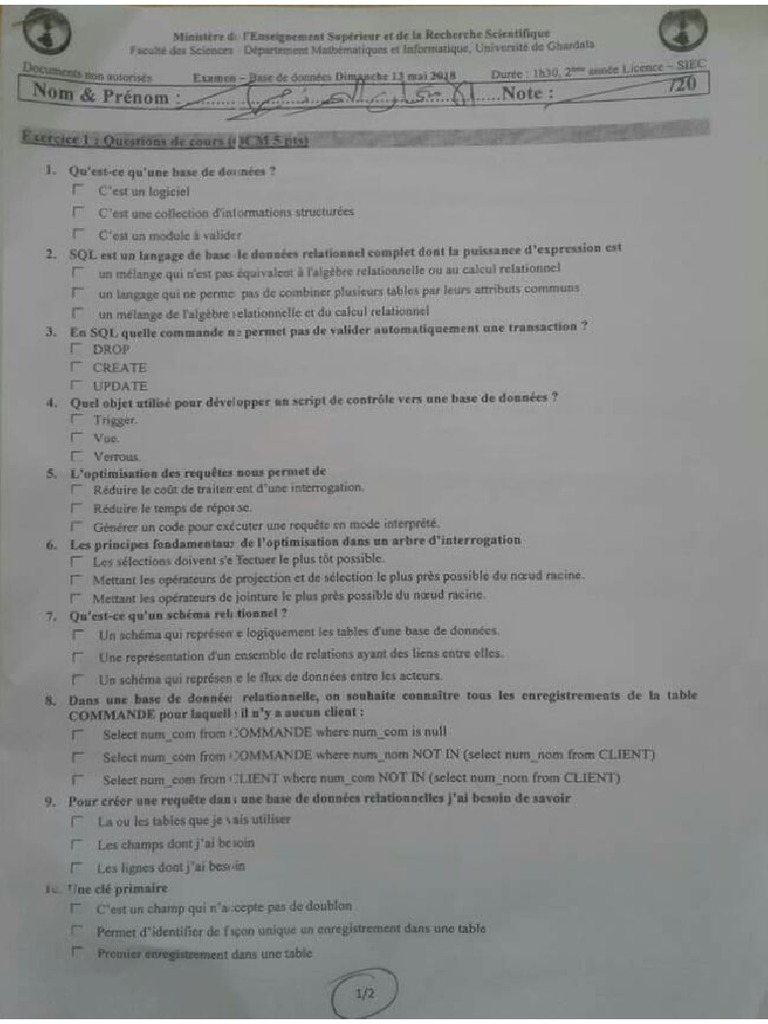 Examen Module BDD Univ Ghardaia Promo 2017-2018 | PDF