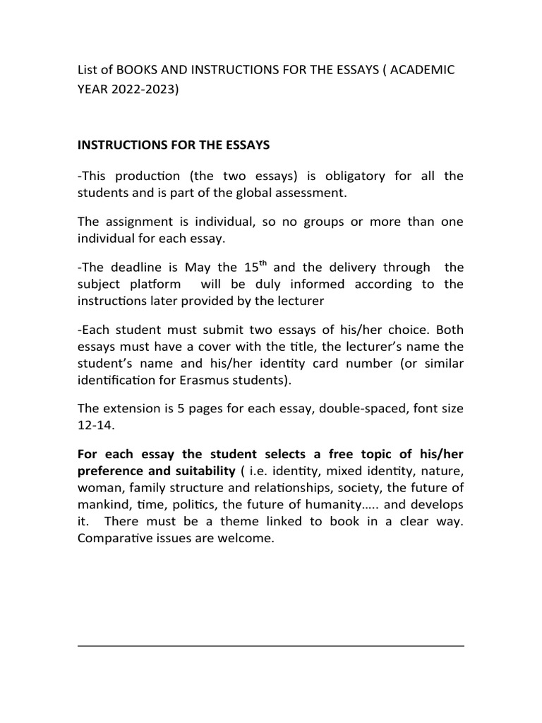 Instructions For The Essays and Choice of Books 2022-2023 | PDF