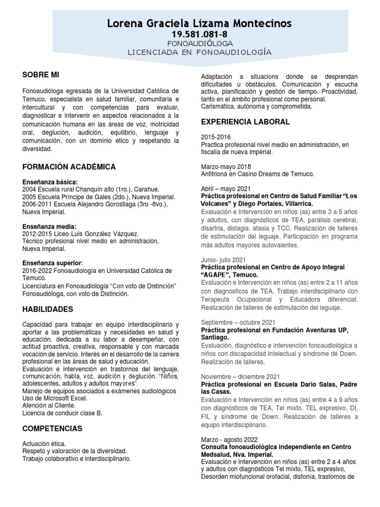 Mi Curriculum Lorena Lizama Montecinos | PDF | Medicina CLINICA | Cognición