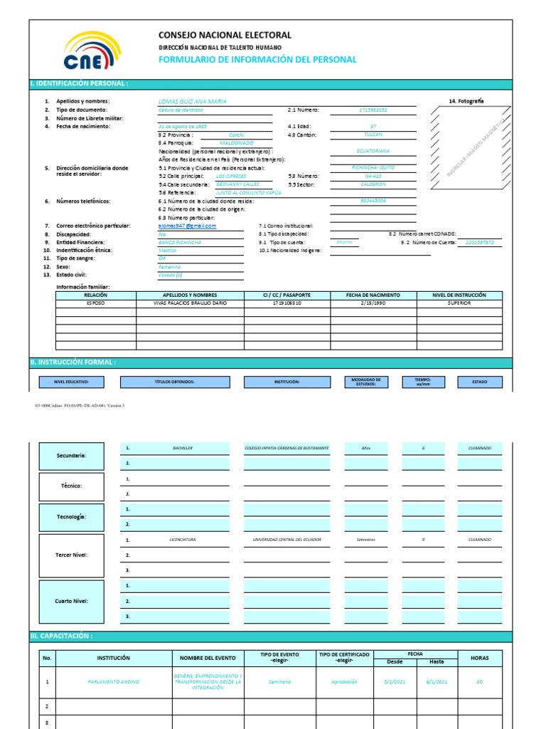 Formulario de información personal CNE | PDF