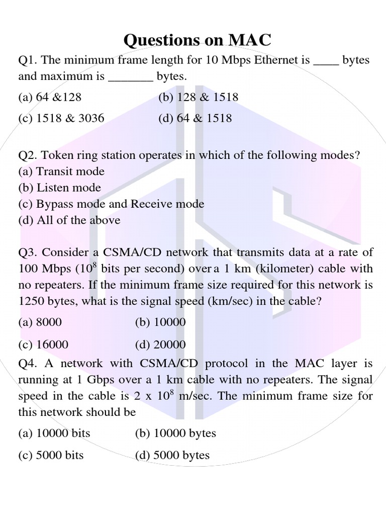 MAC Layer Quiz Questions and Answers | PDF | Ethernet | Computer Network