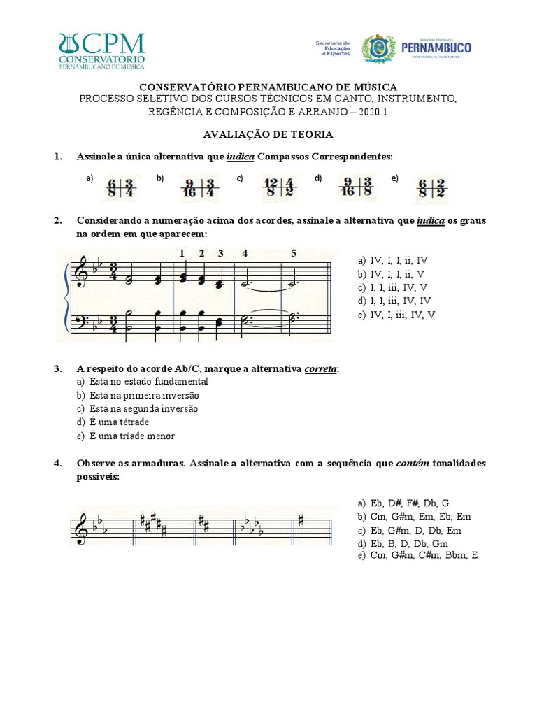 Prova de Teoria e Percepcao 2020-1 | PDF | Acorde (música ...