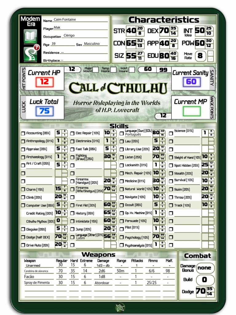 Character Sheet - Modern - Basic Autocalc - Call of Cthulhu 7th Ed 7 | PDF