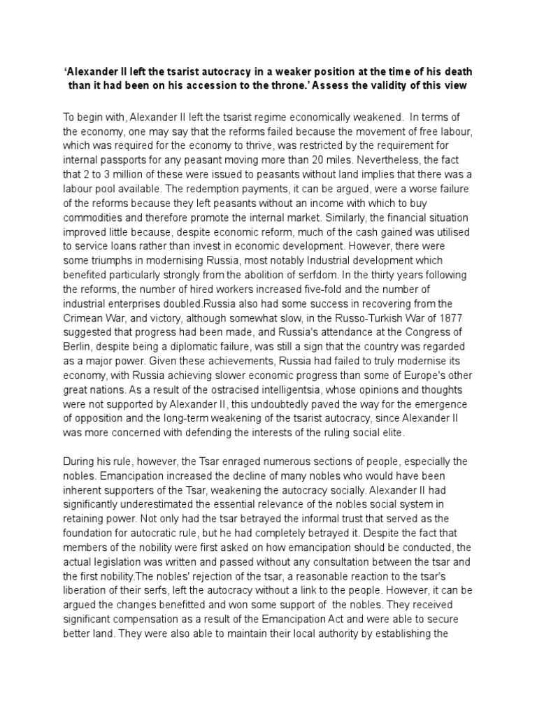 ‘Alexander II Left the Tsarist Autocracy in a Weaker Position at the ...